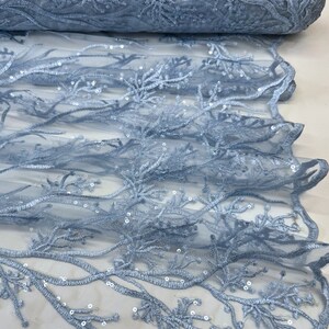 Light Blue Lace Fabric, Blue Embroidered Lace Fabric, Floral Embroidery ...