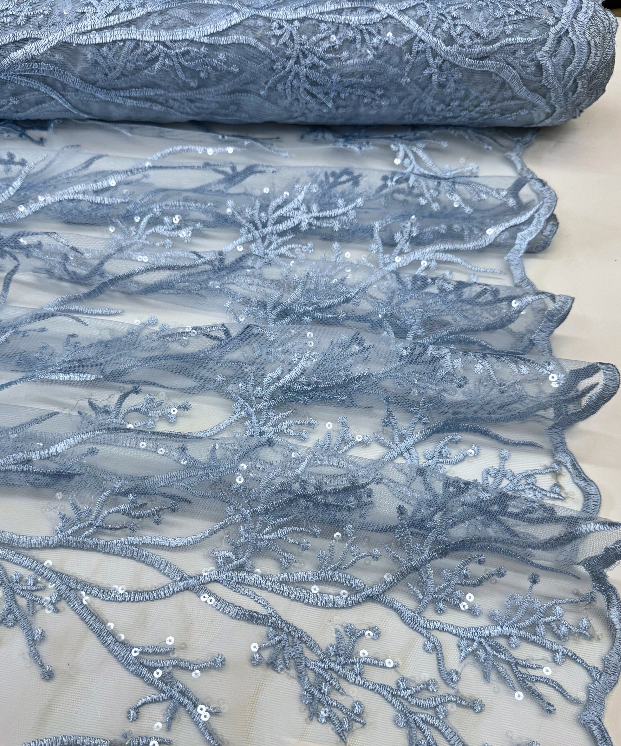 Light Blue Lace Fabric, Blue Embroidered Lace Fabric, Floral Embroidery ...