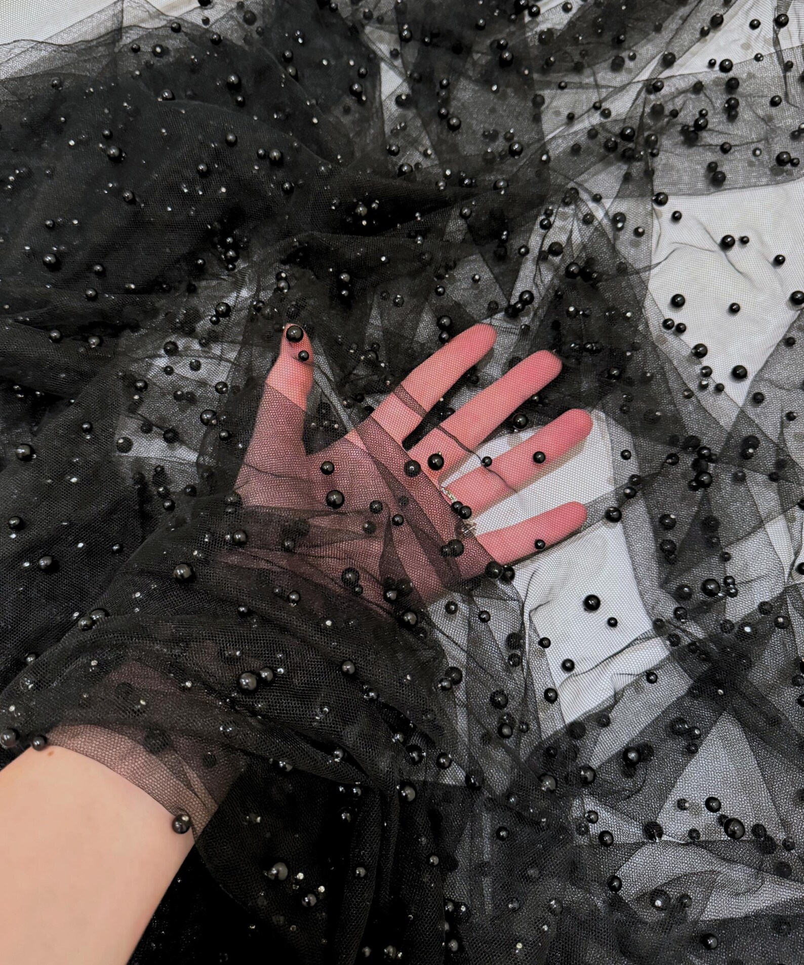 Black Scattered Pearls Studded Mesh, Black Pearl Tulle Fabric, Black ...