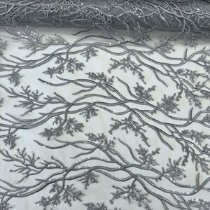 Silver Lace Fabric, Silver Embroidery on Lace, Floral Embroidered Lace ...