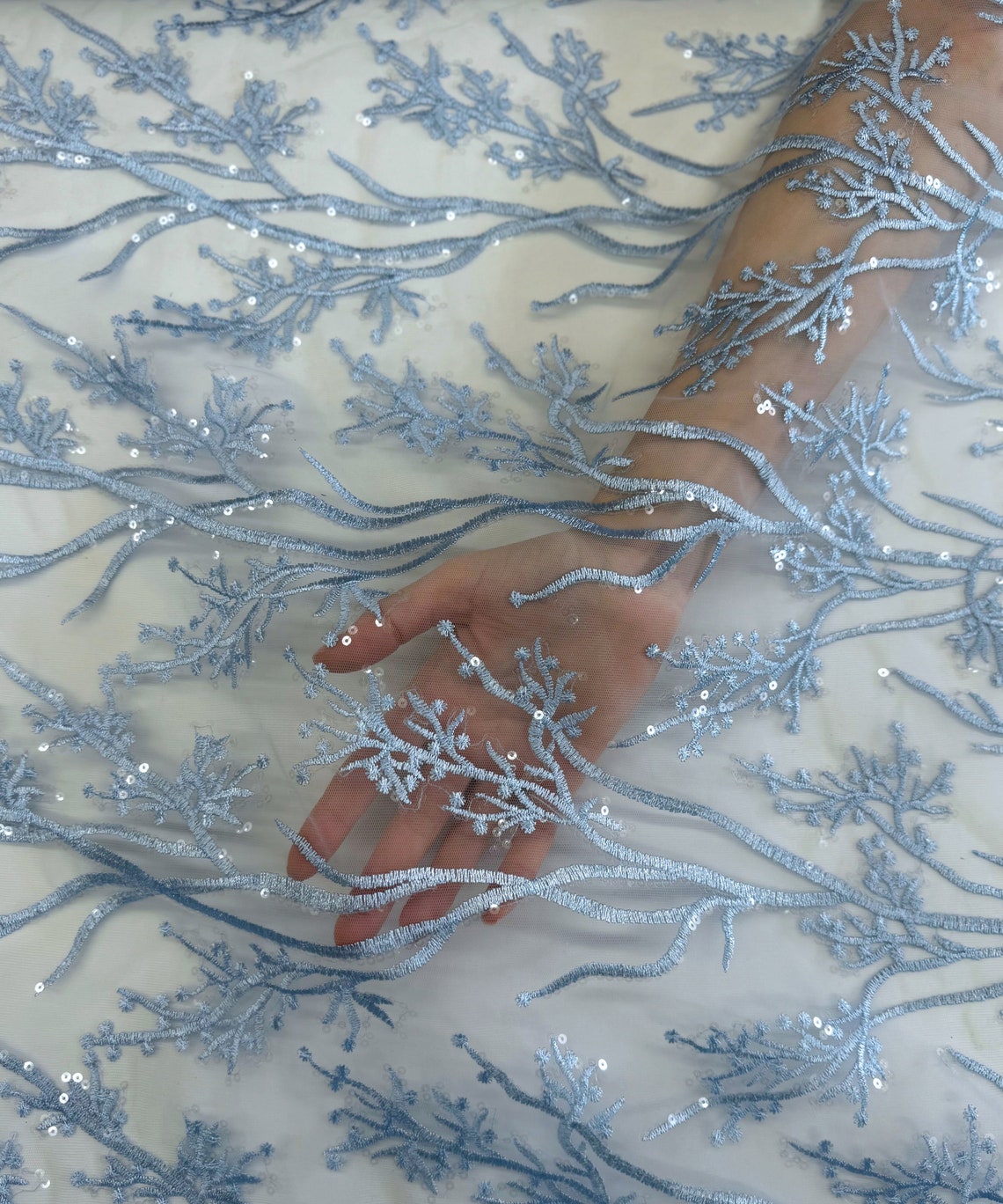 Light Blue Lace Fabric, Blue Embroidered Lace Fabric, Floral Embroidery ...