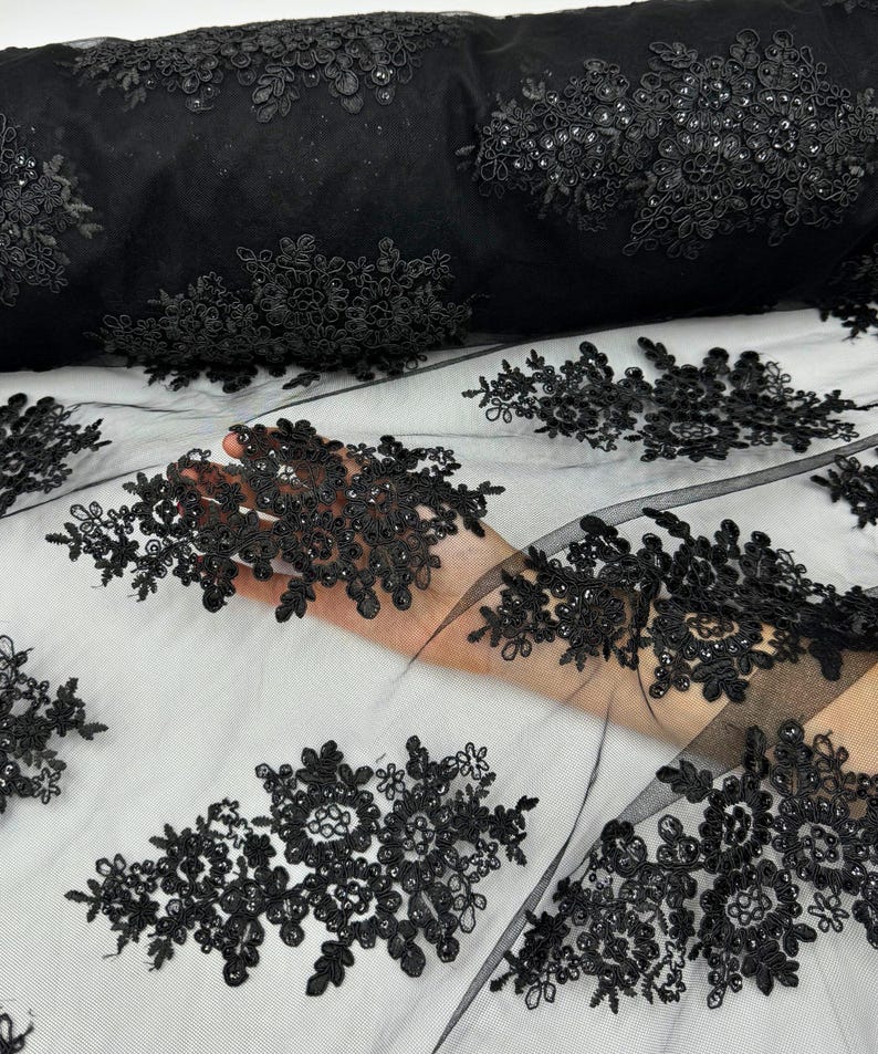 Black Embroidered Lace Fabric, Black Lace Fabric, Floral Lace With ...
