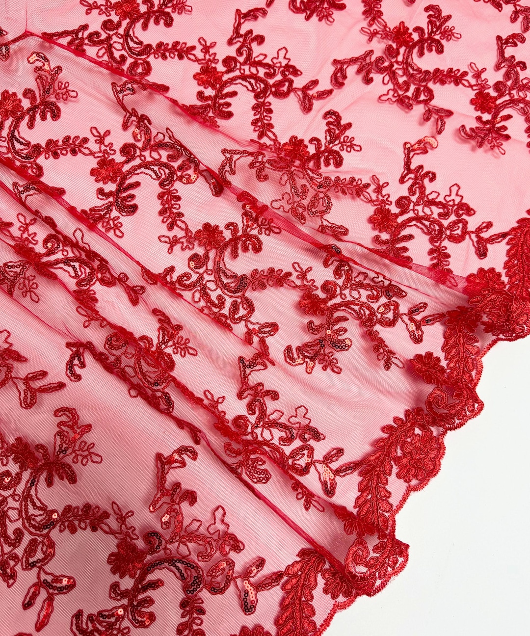 Red Floral Lace by the Yard, Embroidered Red Lace Fabric With Sequins ...