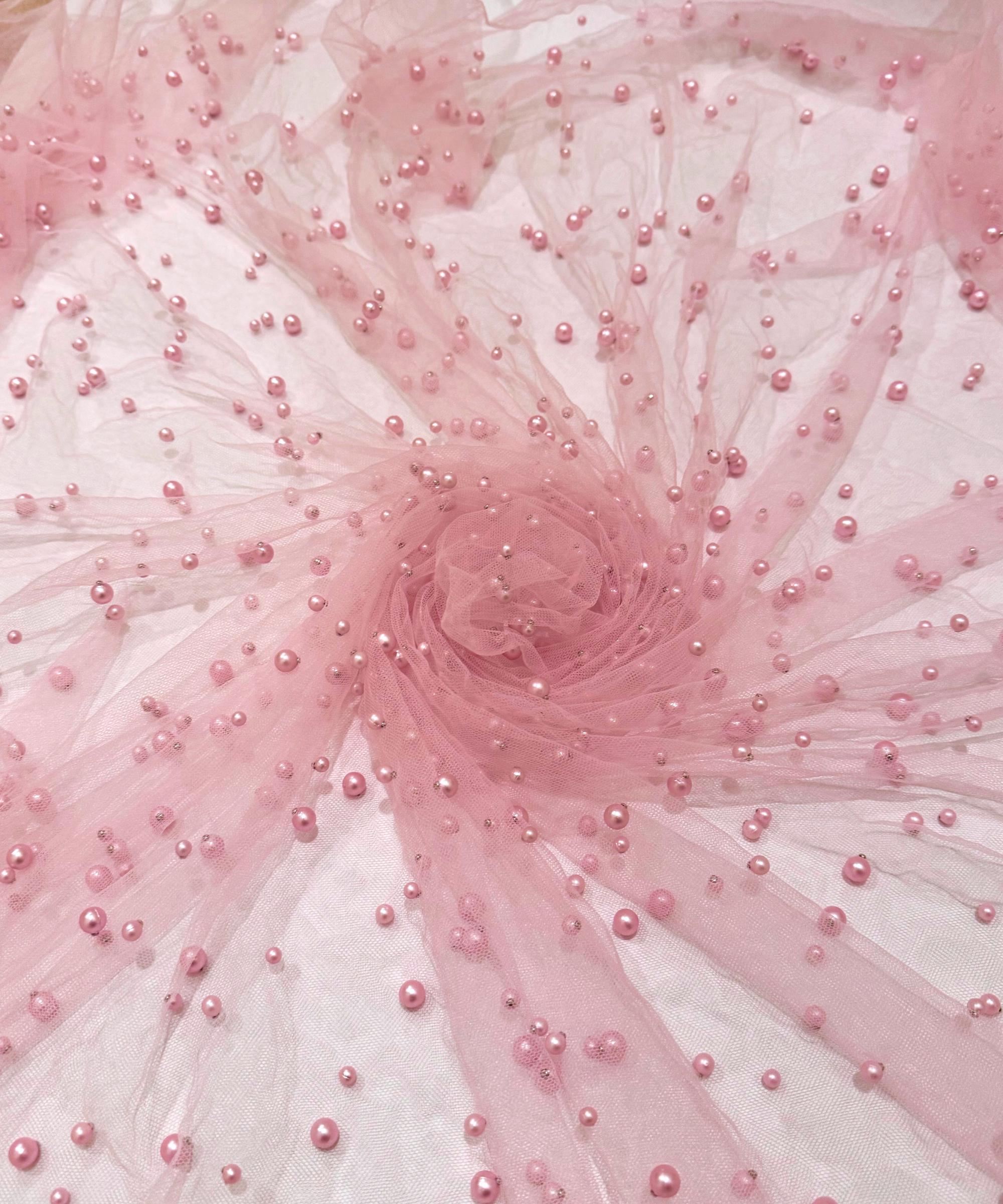 Pink Pearl Tulle Fabric, Scattered Pearls Studded Mesh, Pink Tulle Lace ...