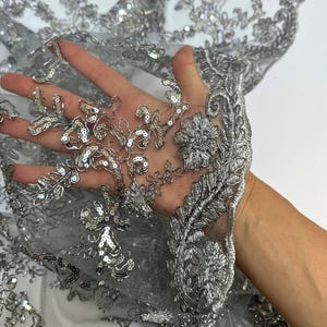 Metallic Silver Floral Lace by the Yard Embroidered Silver Lace Fabric ...