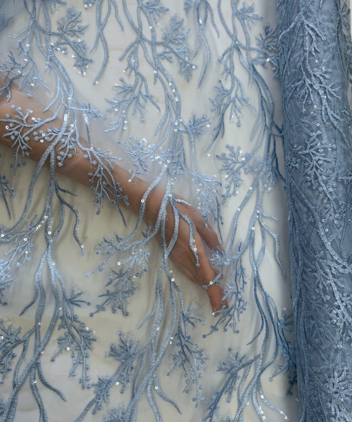 Light Blue Lace Fabric, Blue Embroidered Lace Fabric, Floral Embroidery ...