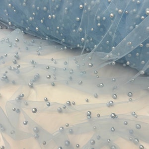Baby Blue Pearl Tulle Fabric, Soft Light Blue Tulle Lace Fabric With ...