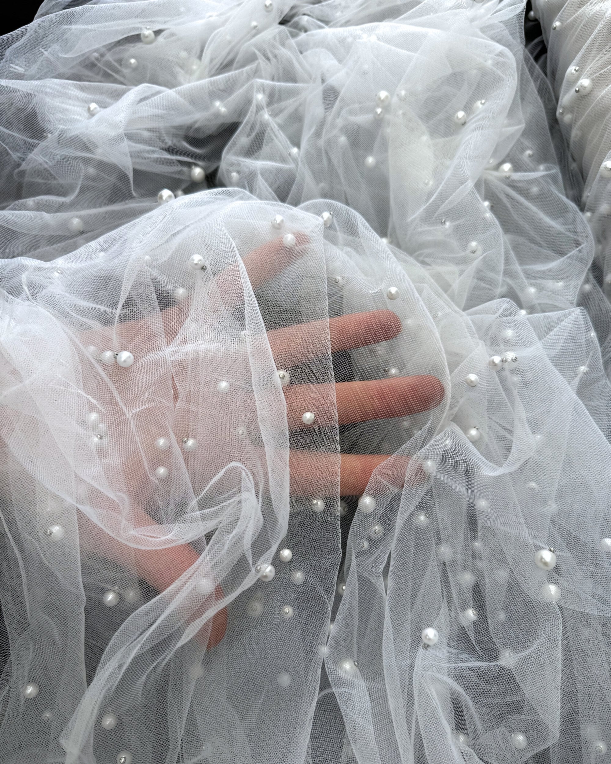 White Pearl Tulle Fabric, Scattered Pearls Studded Mesh, White Tulle ...
