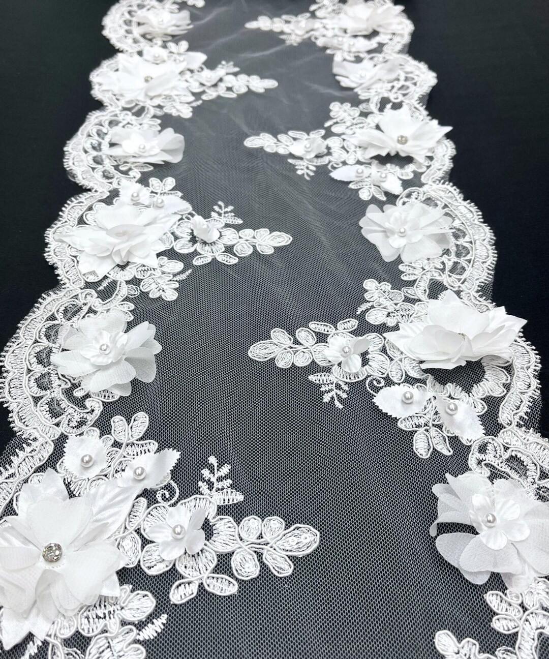 White Beaded Lace Table Runner With Pearls and Crystals, 3D Embroidered ...