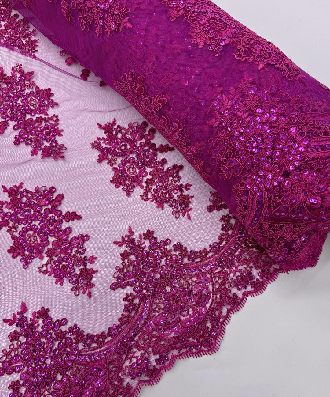 Magenta Floral Lace by the Yard, Embroidered Magenta Lace Fabric With ...
