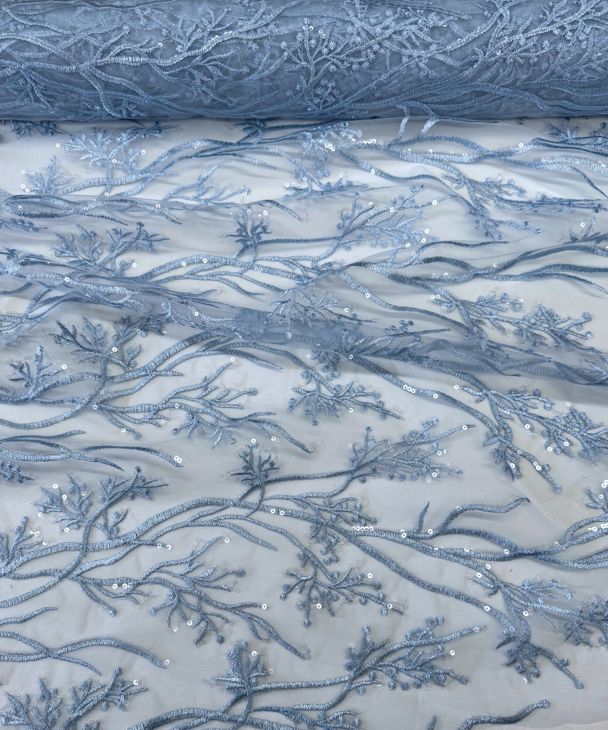 Light Blue Lace Fabric, Blue Embroidered Lace Fabric, Floral Embroidery ...