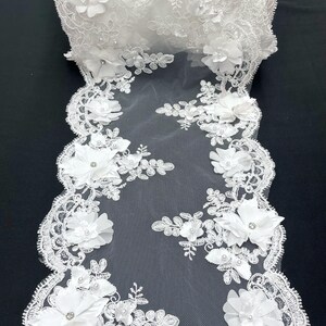 White Beaded Lace Table Runner With Pearls and Crystals, 3D Embroidered ...