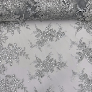 Silver Floral Lace by the Yard, Silver Embroidered Lace Fabric With ...
