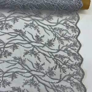Silver Gray Lace Fabric, Silver Embroidery on Lace, Floral Embroidered ...