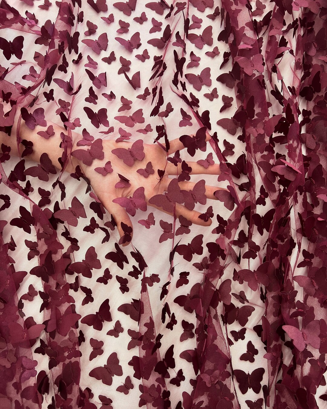 Burgundy 3D Butterfly Lace Fabric Embroidery on Tulle, 3D Butterfly ...
