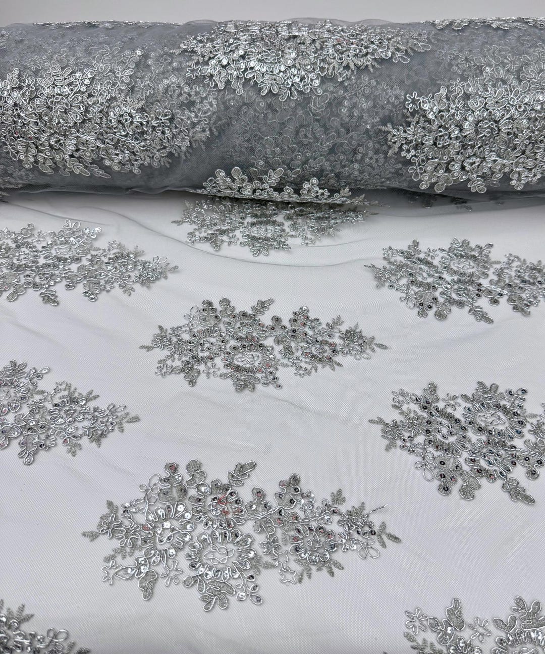 Silver Floral Lace by the Yard, Embroidered Silver Lace Fabric With ...