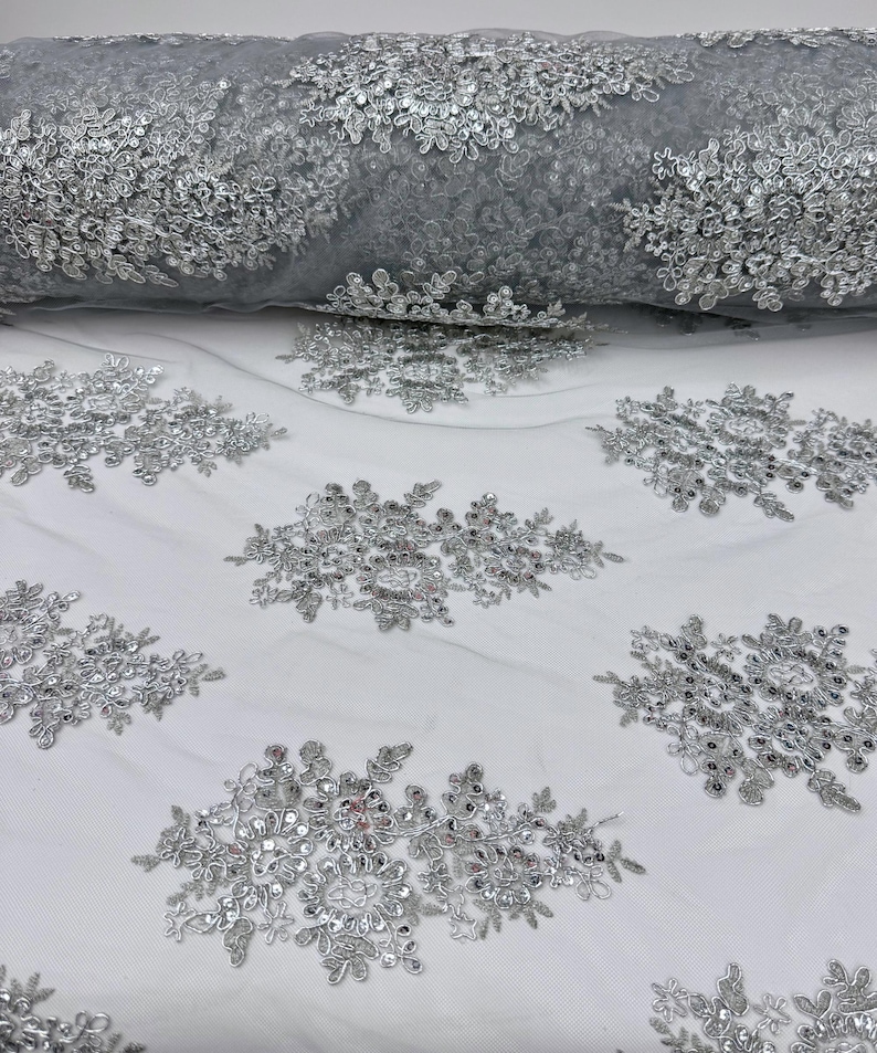 Silver Floral Lace by the Yard, Embroidered Silver Lace Fabric With ...