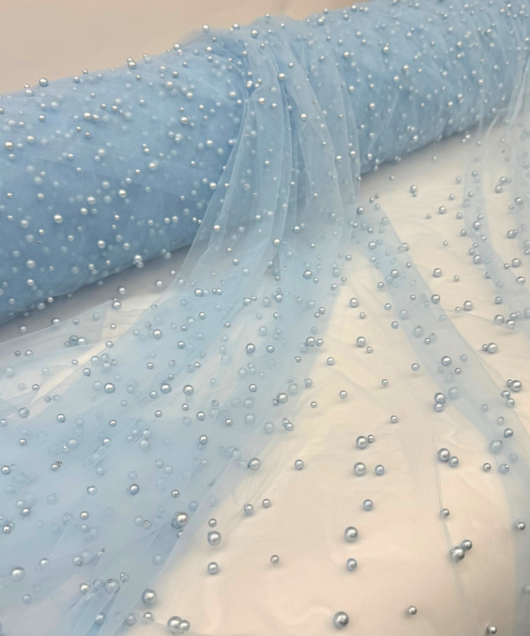 Baby Blue Pearl Tulle Fabric, Soft Light Blue Tulle Lace Fabric With ...