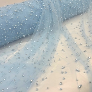 Baby Blue Pearl Tulle Fabric, Soft Light Blue Tulle Lace Fabric With ...