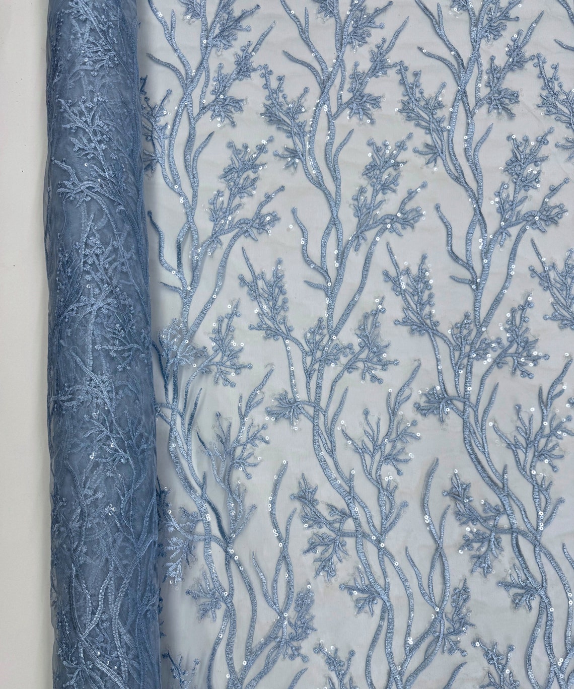Light Blue Lace Fabric, Blue Embroidered Lace Fabric, Floral Embroidery ...