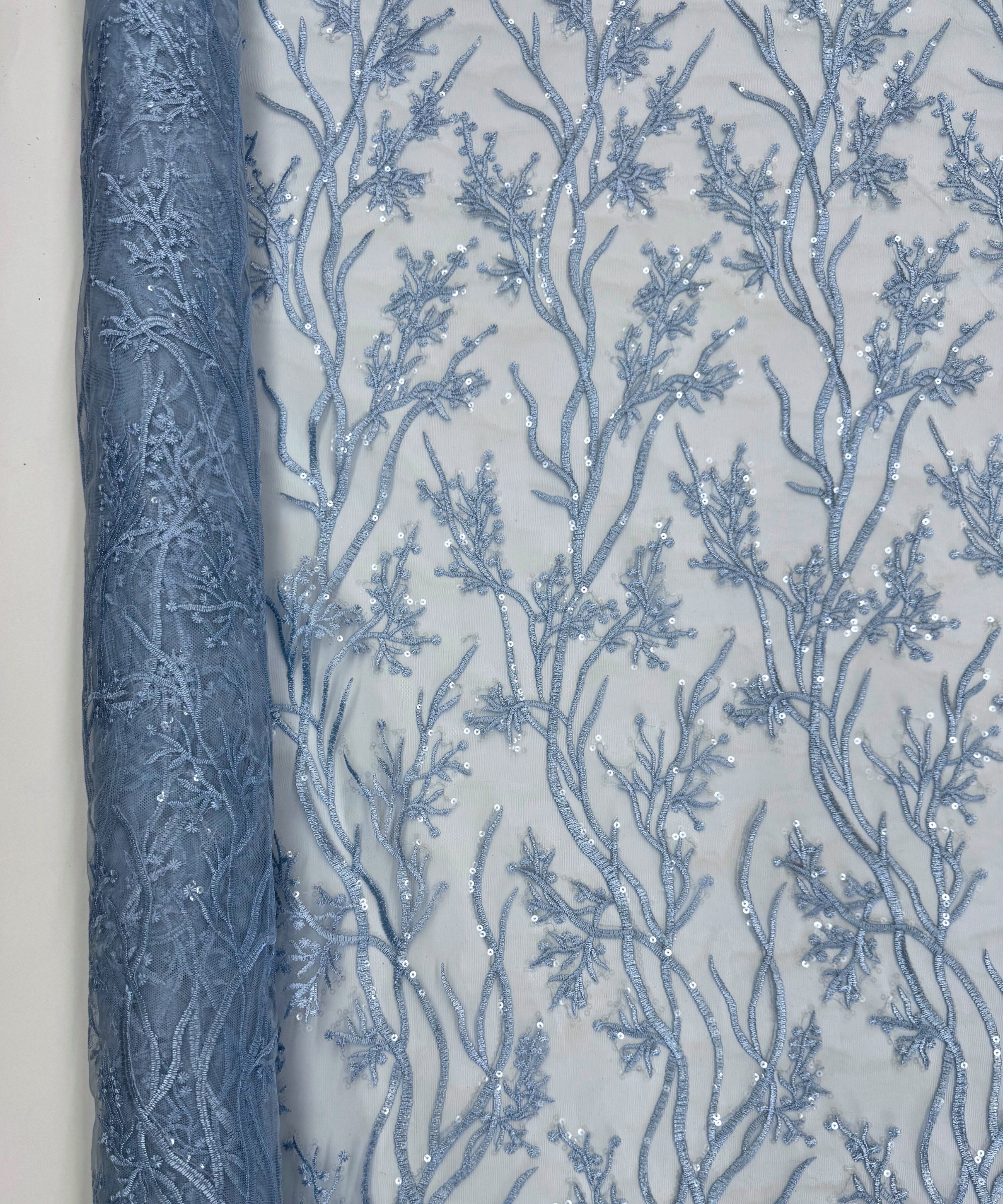 Light Blue Lace Fabric, Blue Embroidered Lace Fabric, Floral Embroidery ...