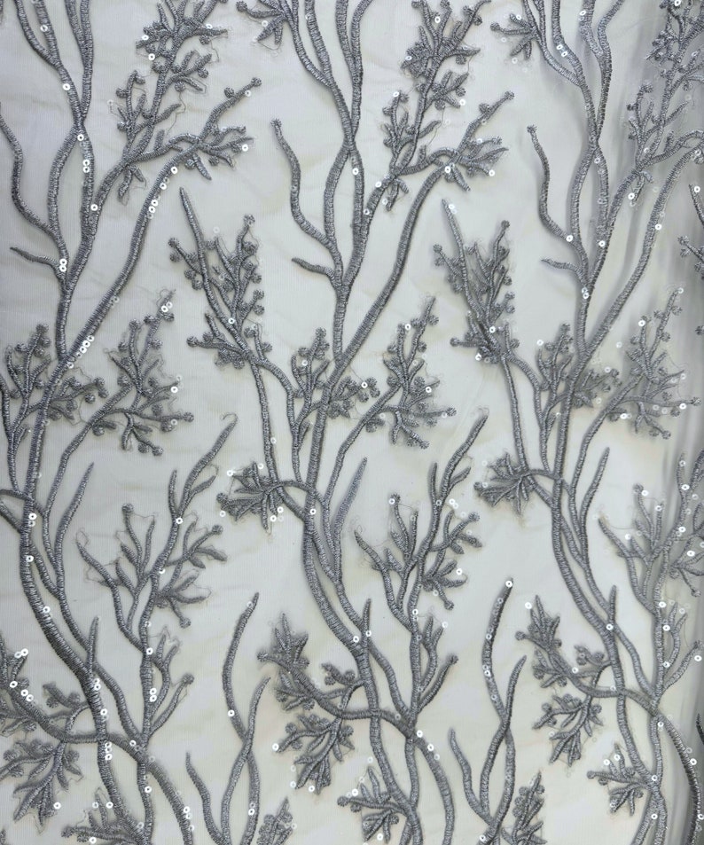 Silver Lace Fabric, Silver Embroidery on Lace, Floral Embroidered Lace ...