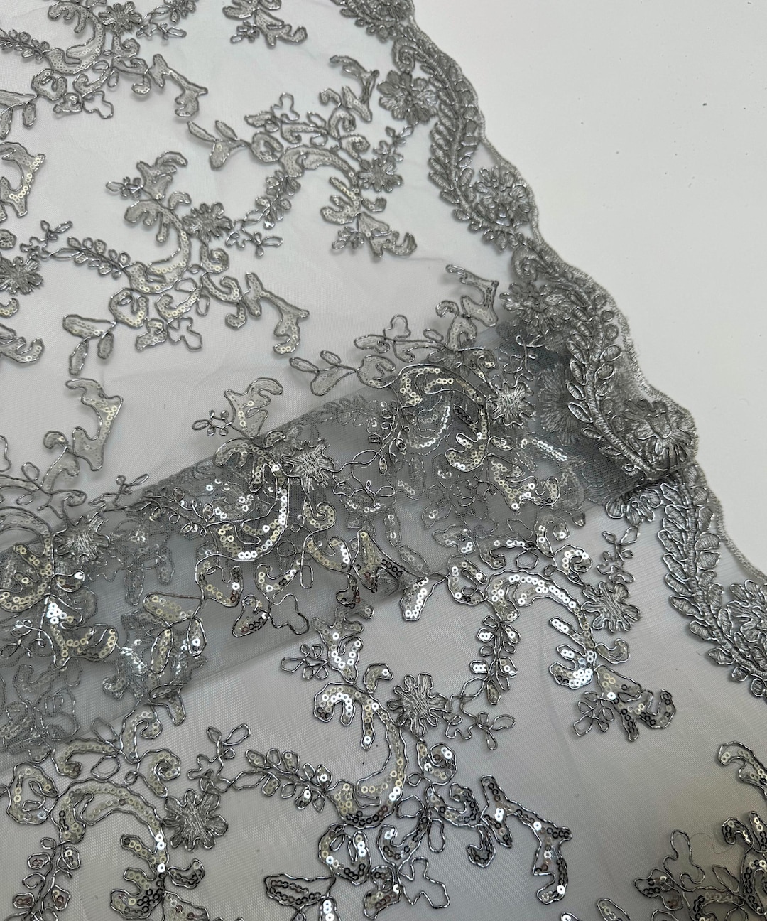 Metallic Silver Floral Lace by the Yard Embroidered Silver Lace Fabric ...