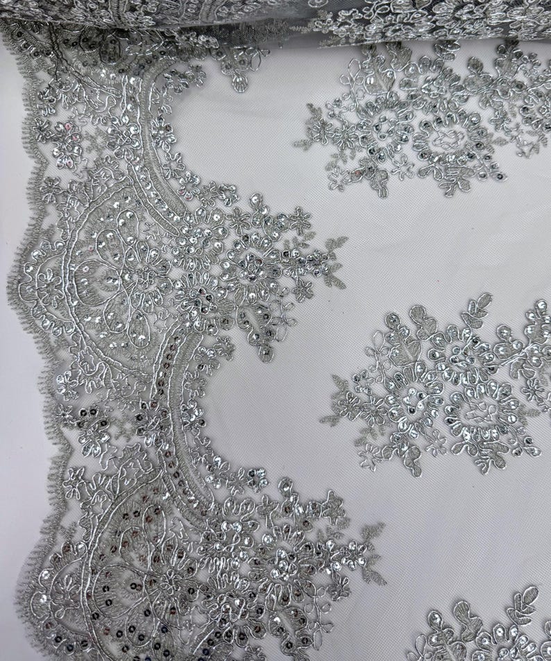 Silver Floral Lace by the Yard, Embroidered Silver Lace Fabric With ...