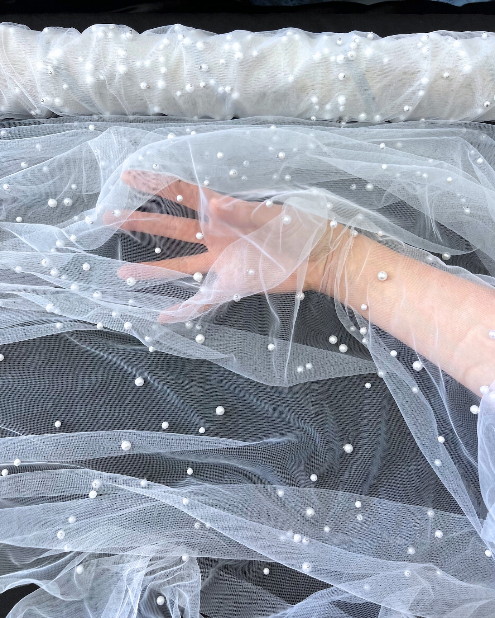 White Pearl Tulle Fabric, Scattered Pearls Studded Mesh, White Tulle ...