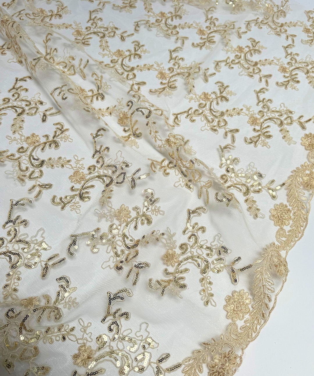 Champagne Floral Lace by the Yard, Embroidered Champagne Lace Fabric ...