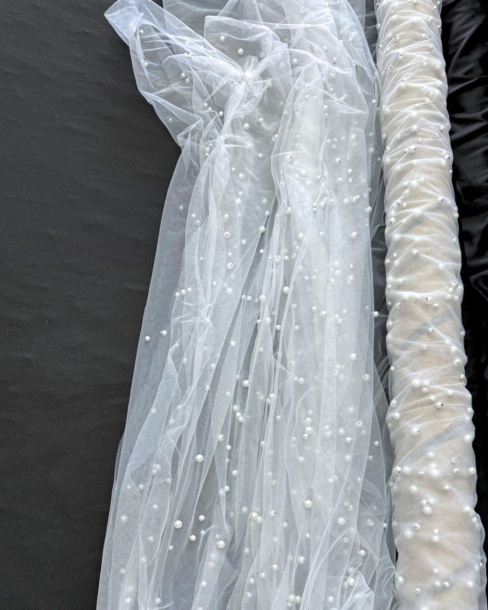 White Pearl Tulle Fabric, Scattered Pearls Studded Mesh, Champagne ...