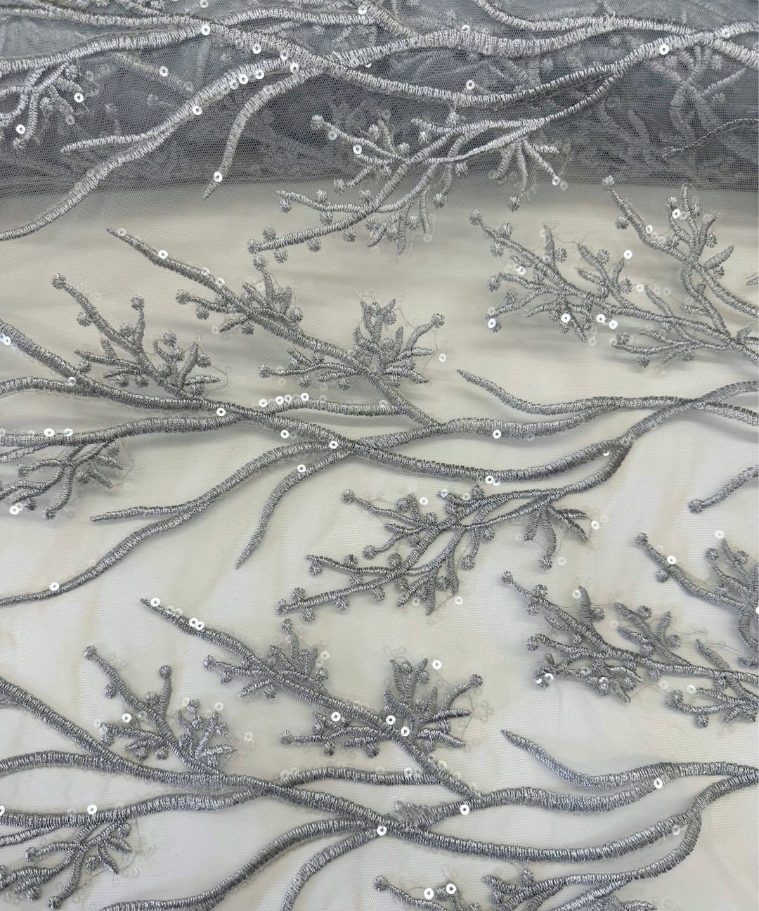 Silver Lace Fabric, Silver Embroidery on Lace, Floral Embroidered Lace ...