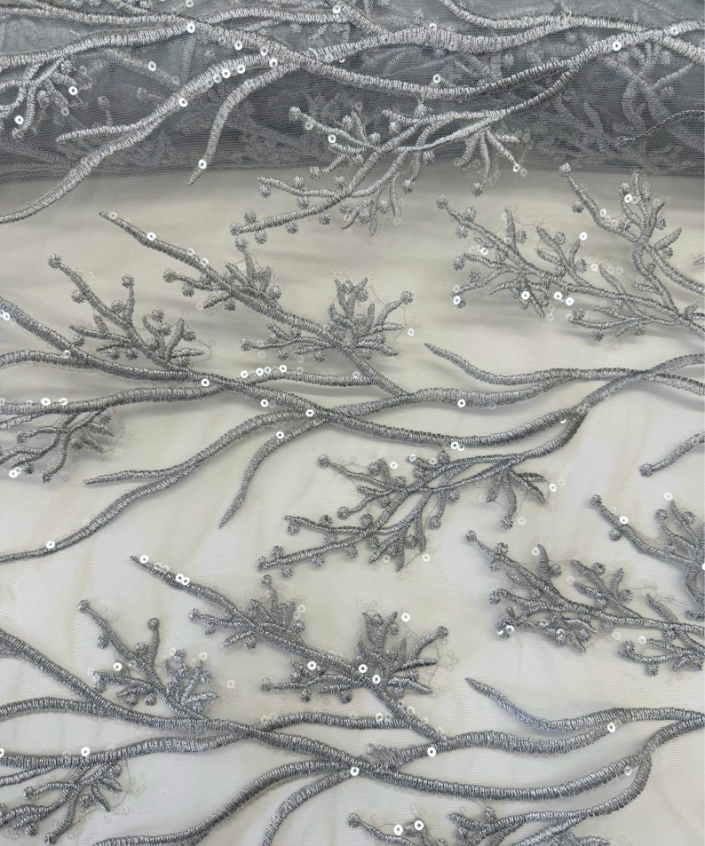 Silver Lace Fabric, Silver Embroidery on Lace, Floral Embroidered Lace ...