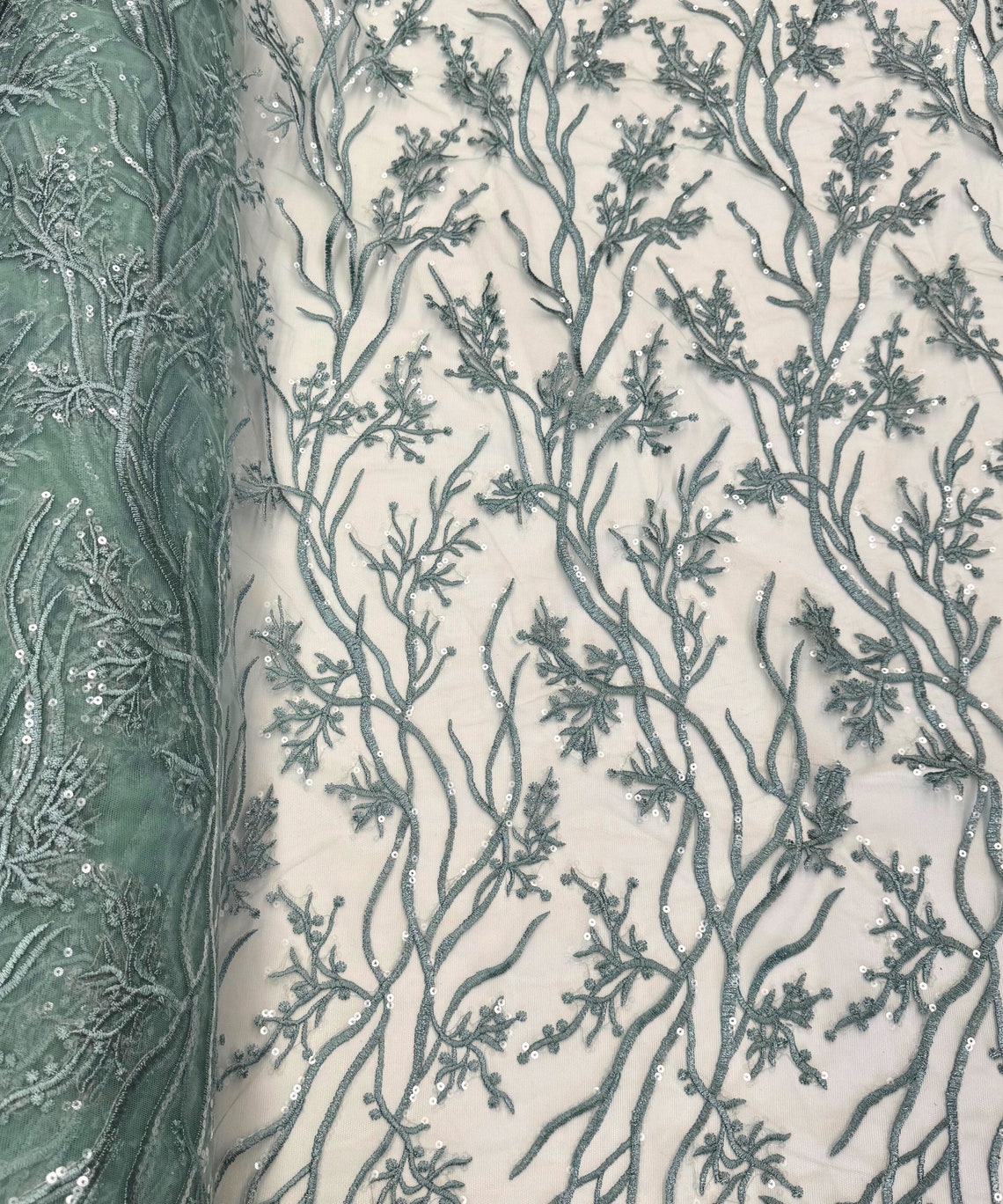 Mint Lace Fabric, Mint Embroidered Lace Fabric, Floral Embroidery With ...