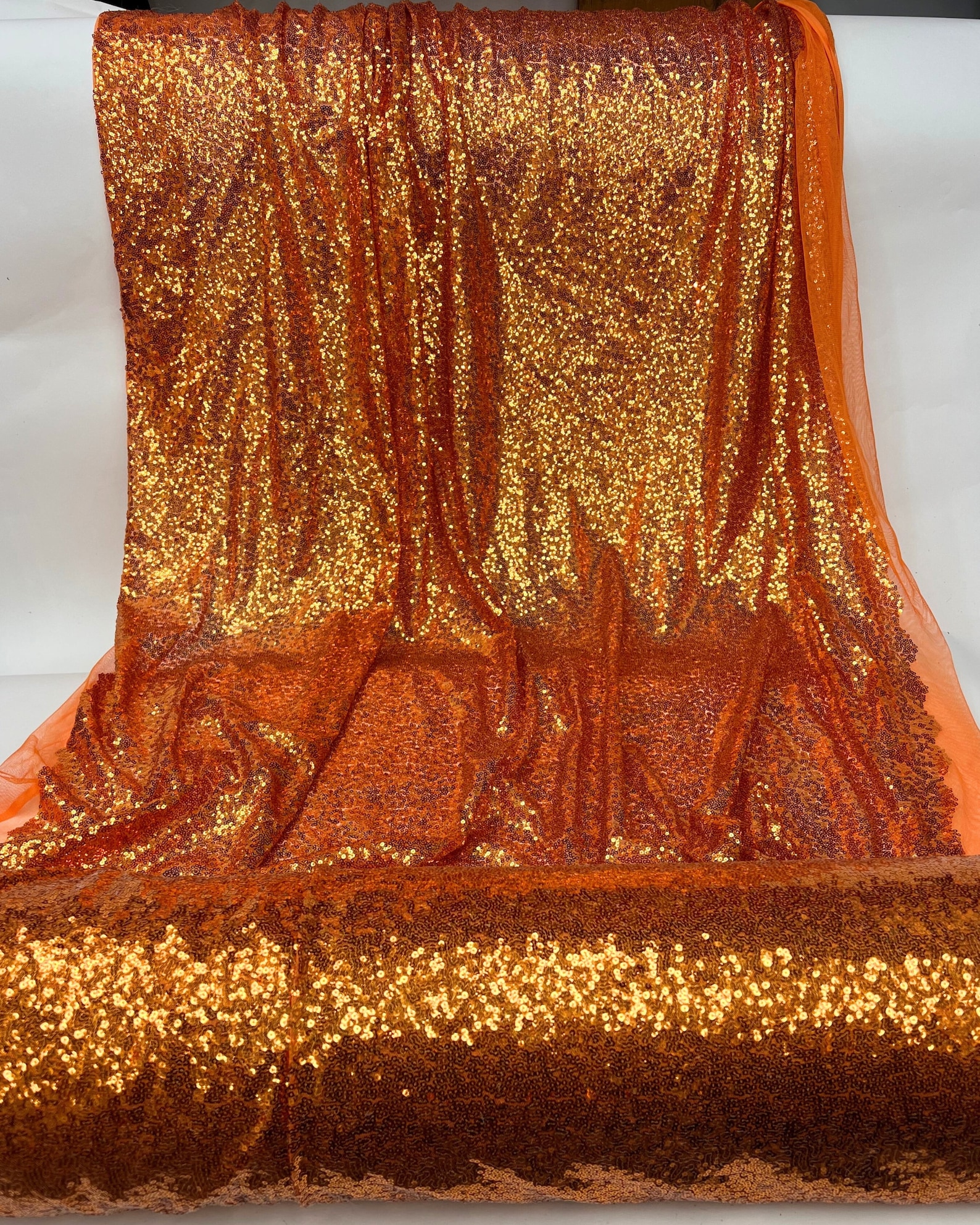 Iridescent Sequins on Mesh, Orange Sequin Fabric by the Yard, Orange ...