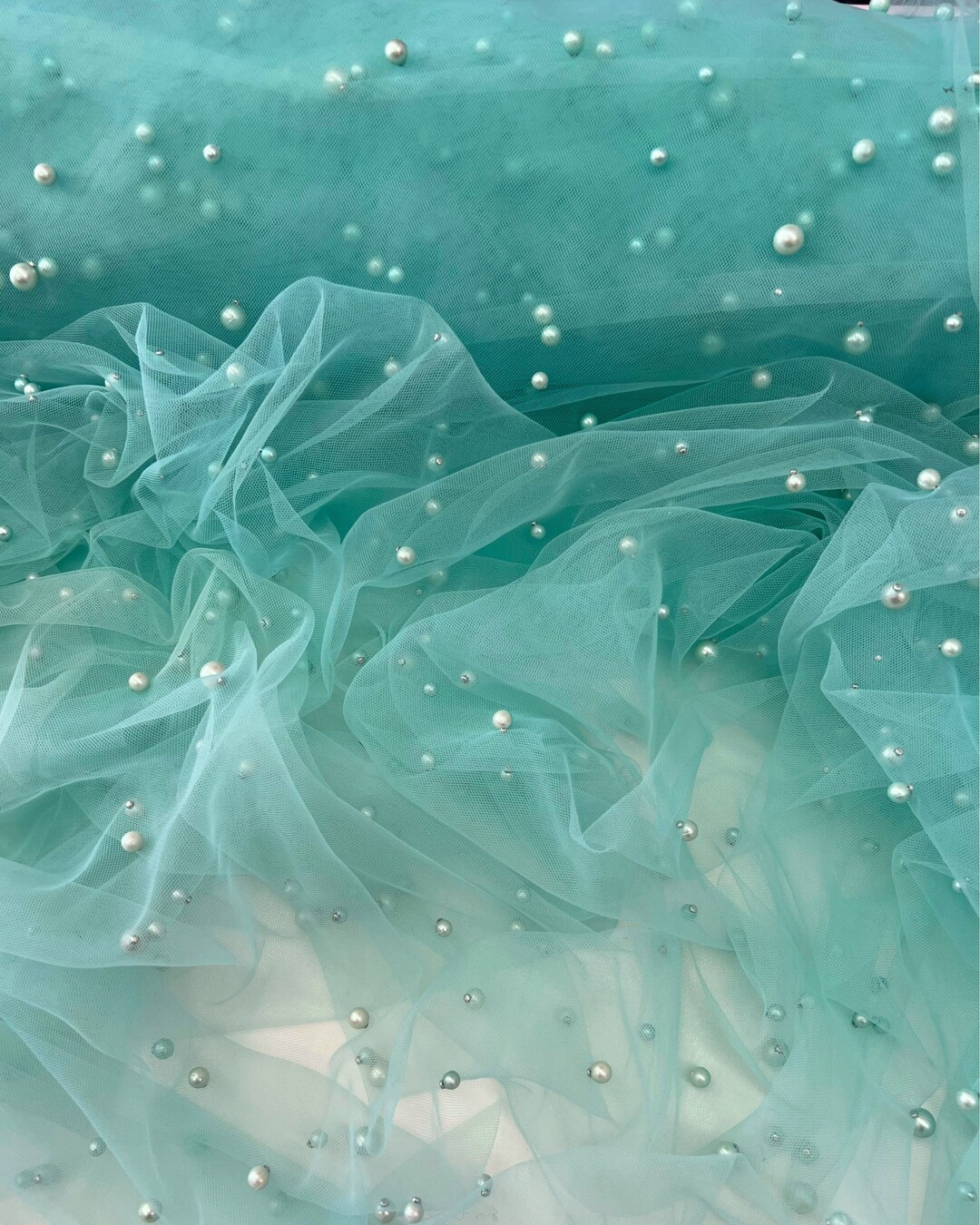 Mint Pearl Tulle Fabric, Scattered Pearls Studded Mesh, Aqua Tulle Lace ...