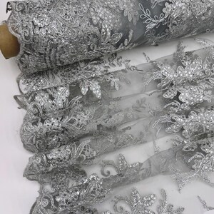 Silver Floral Lace by the Yard, Silver Embroidered Lace Fabric With ...