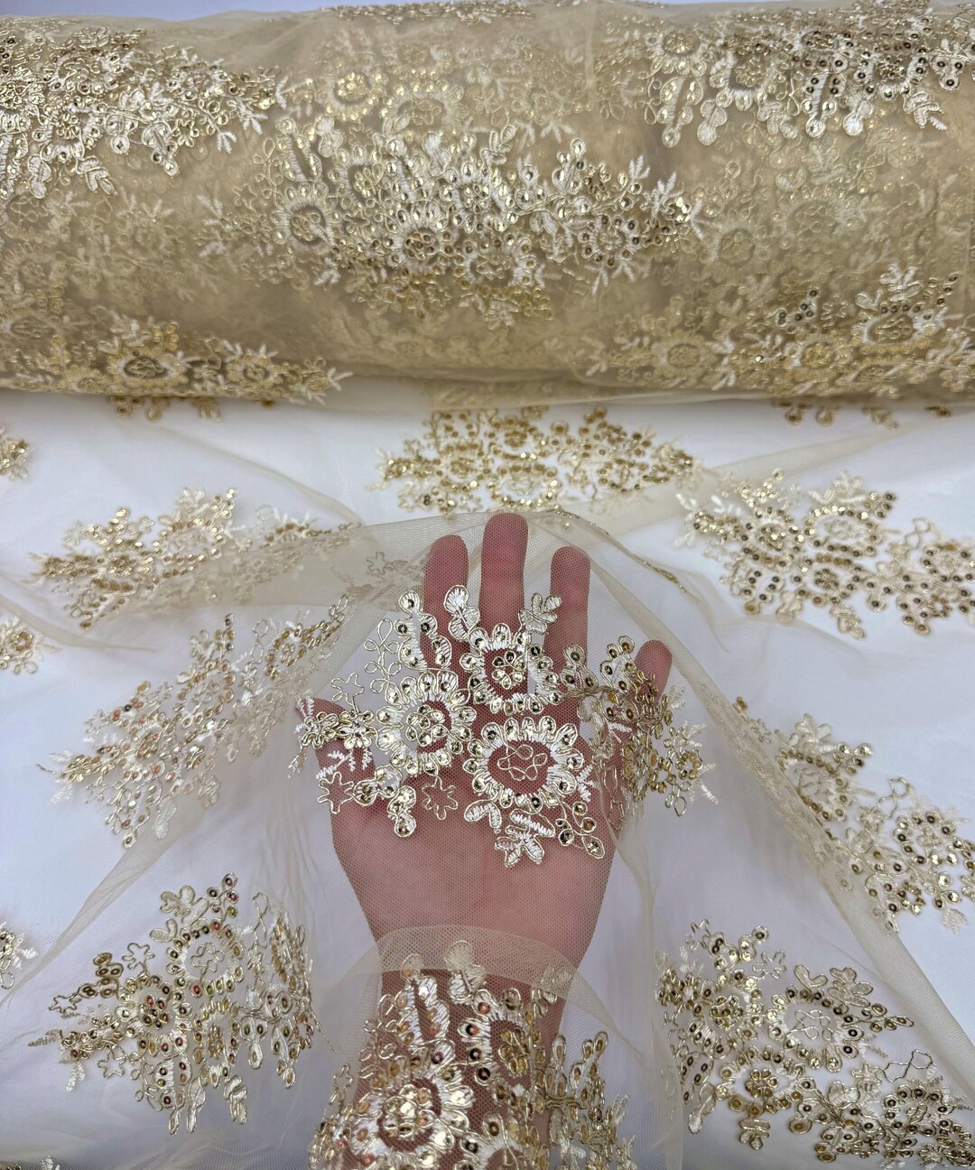 Gold Floral Lace by the Yard, Gold Embroidered Lace Fabric With Sequins ...