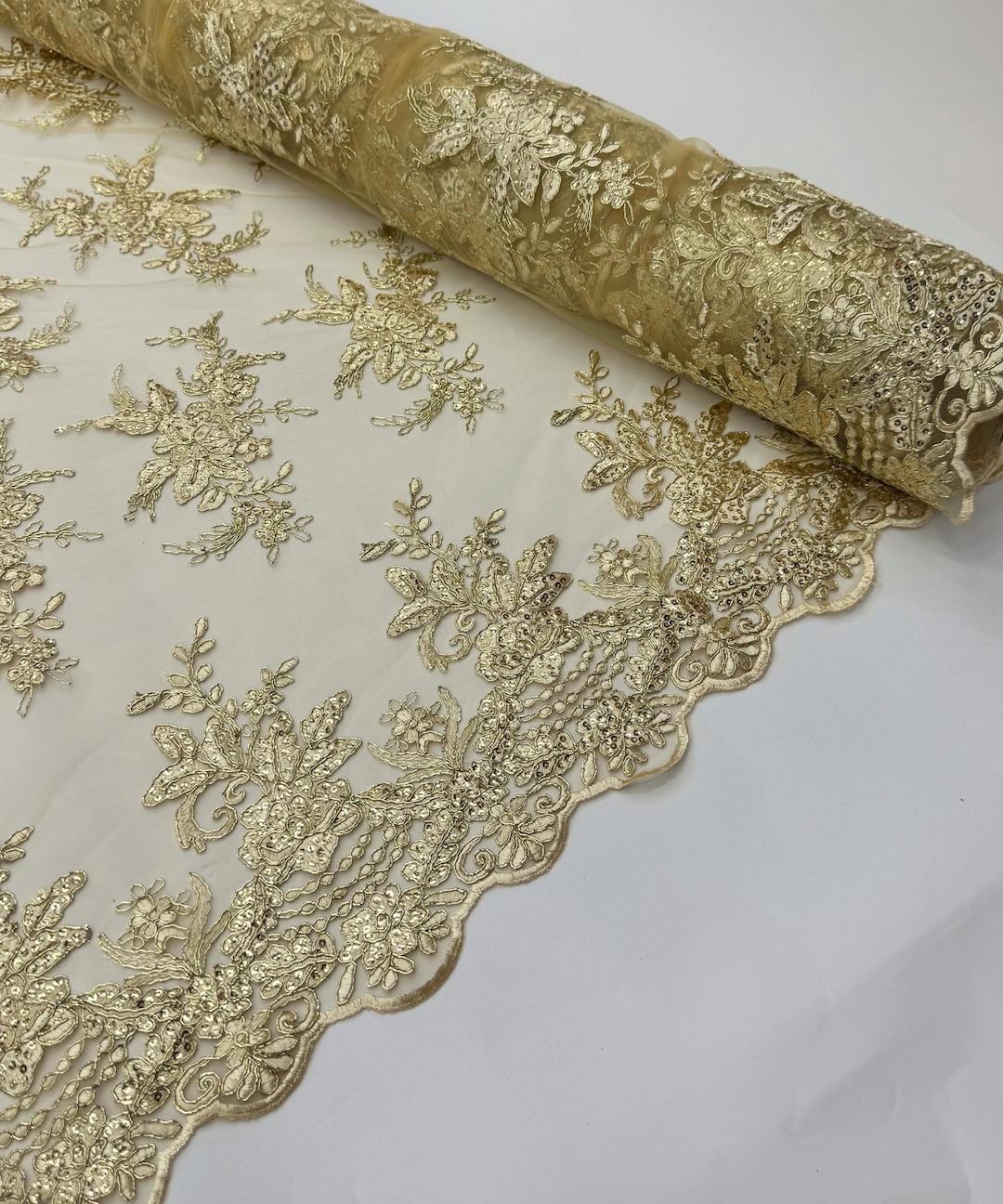 Gold Floral Lace by the Yard, Gold Embroidered Lace Fabric With Sequins ...