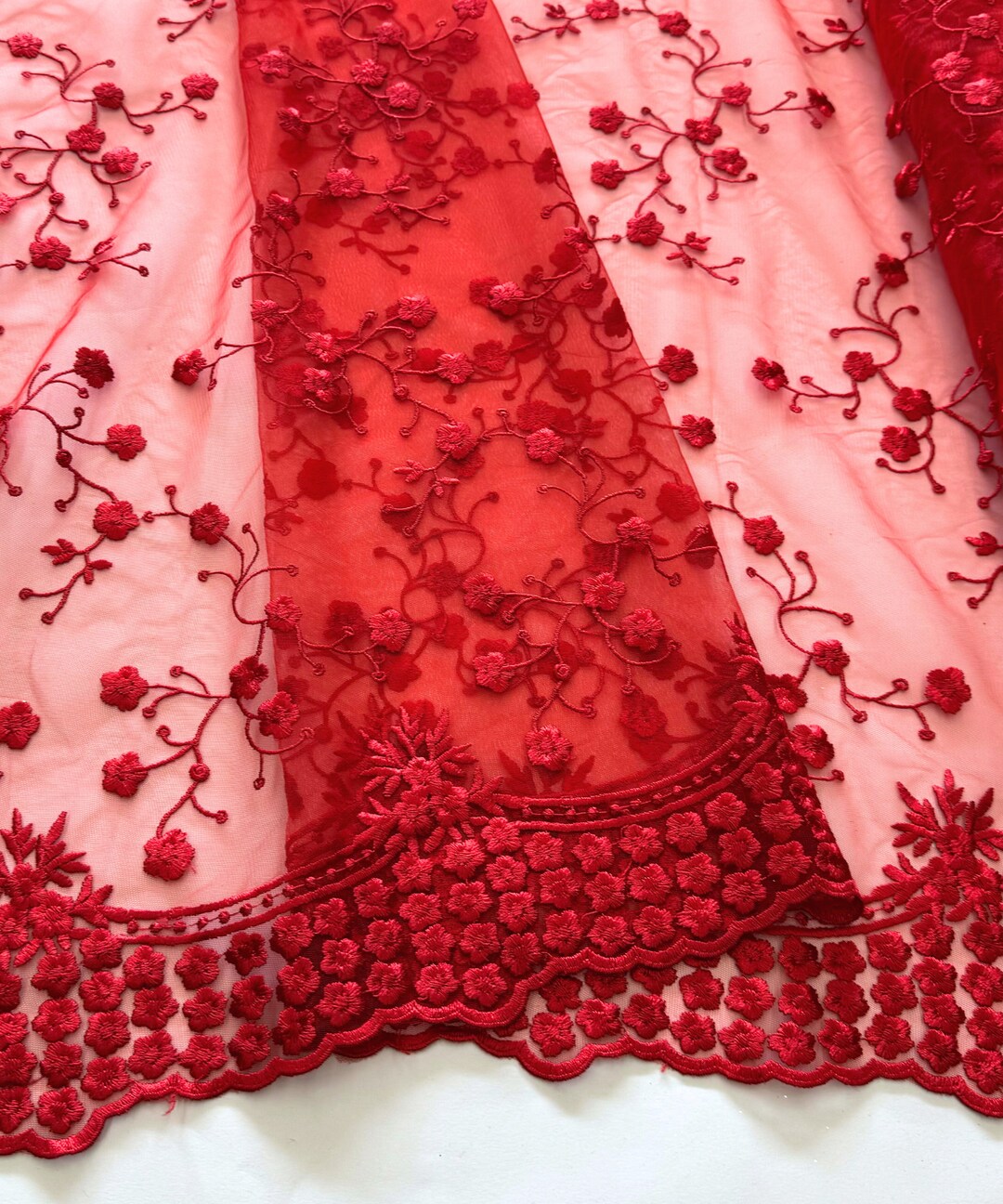 Red Embroidered Floral Lace Fabric, Floral Embroidery on Mesh Red Lace ...