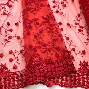 Red Embroidered Floral Lace Fabric, Floral Embroidery on Mesh Red Lace ...