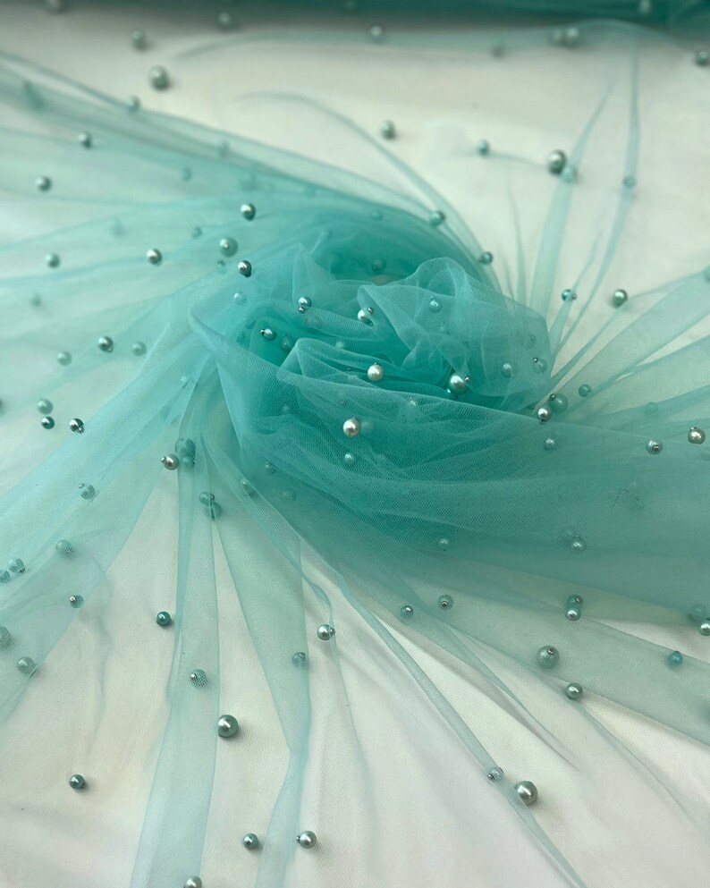 Mint Pearl Tulle Fabric, Scattered Pearls Studded Mesh, Aqua Tulle Lace ...