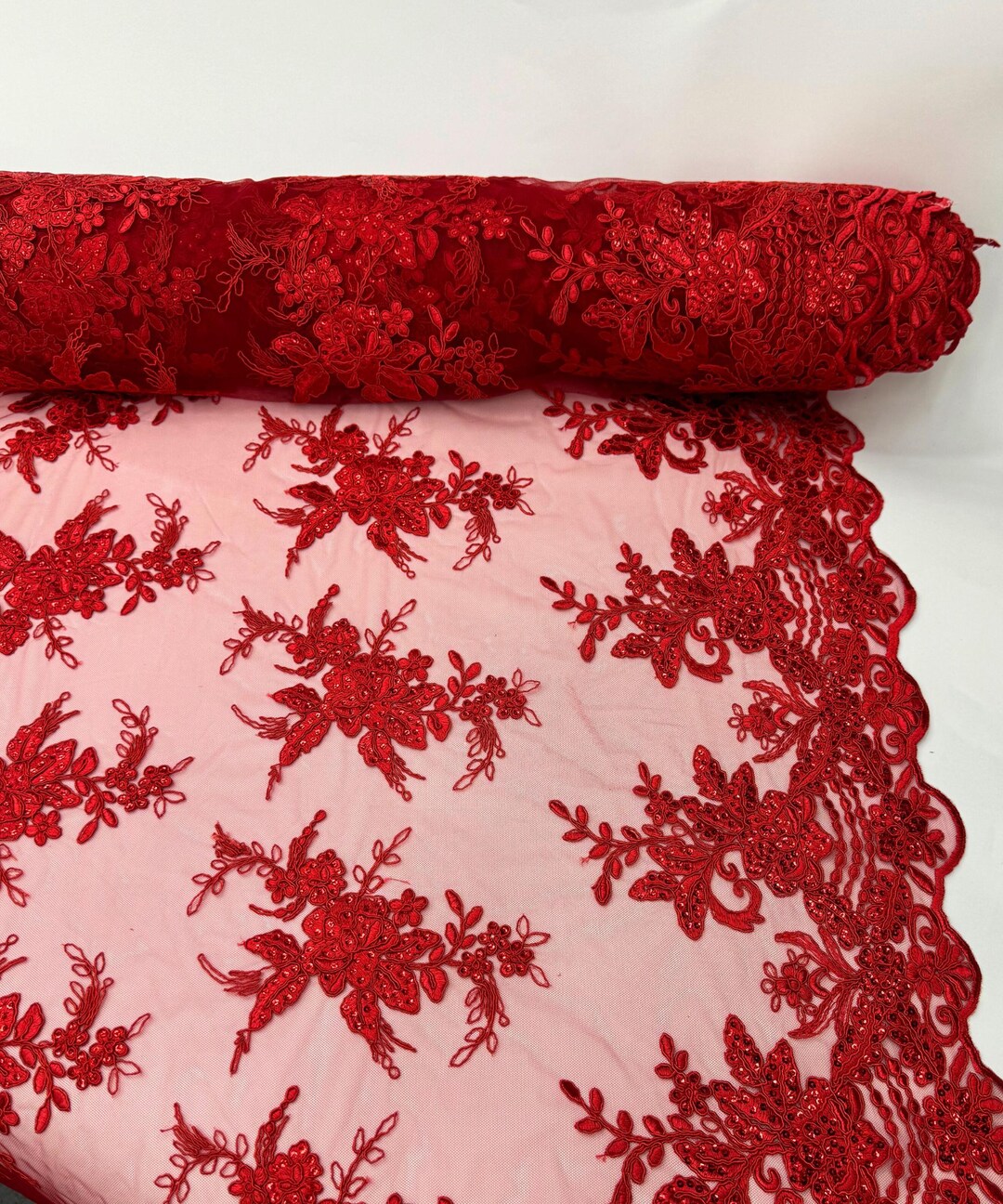 Red Floral Lace by the Yard, Red Embroidered Lace Fabric With Sequins ...