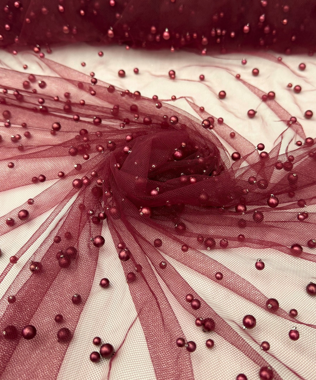 Burgundy Pearl Tulle Fabric, Scattered Pearls Studded Mesh, Burgundy ...