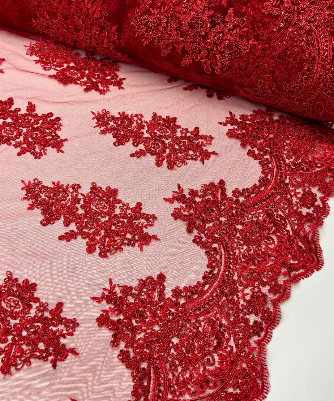 Red Floral Lace by the Yard, Embroidered Red Lace Fabric With Sequins ...