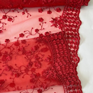 Red Embroidered Floral Lace Fabric, Floral Embroidery on Mesh Red Lace ...