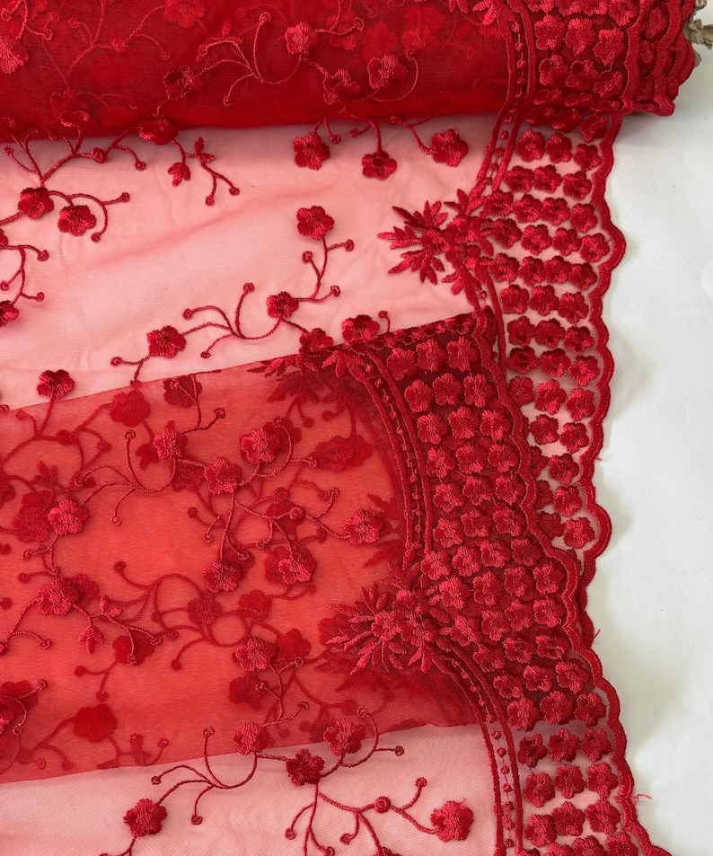Red Embroidered Floral Lace Fabric, Floral Embroidery on Mesh Red Lace ...