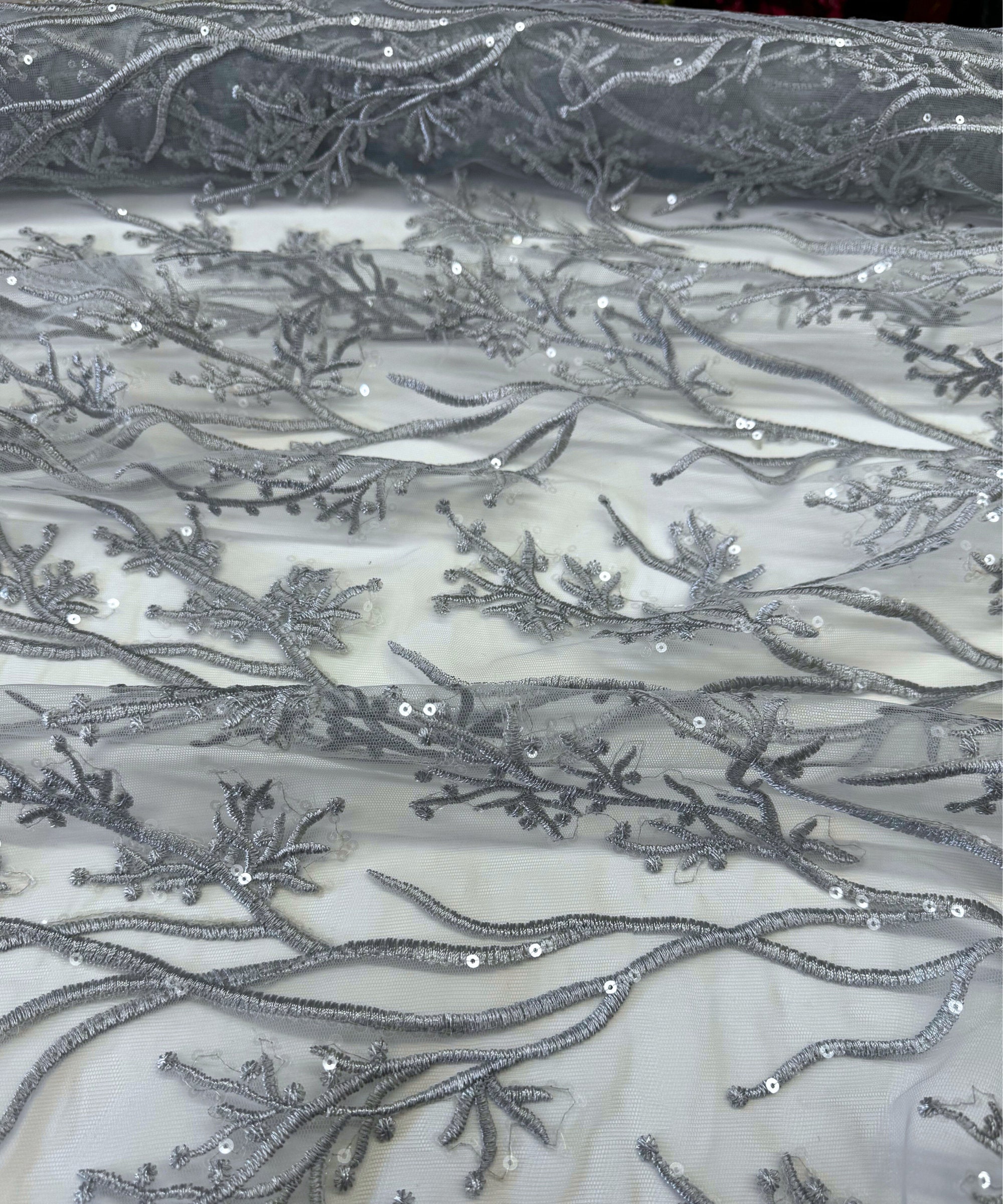 Silver Lace Fabric, Silver Embroidery on Lace, Floral Embroidered Lace ...