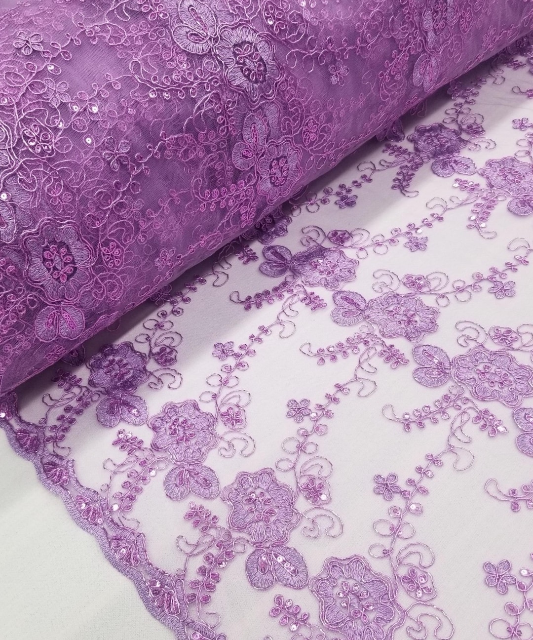 Lavender Embroidered Lace Fabric, Lavender Floral Lace With Sequins on ...