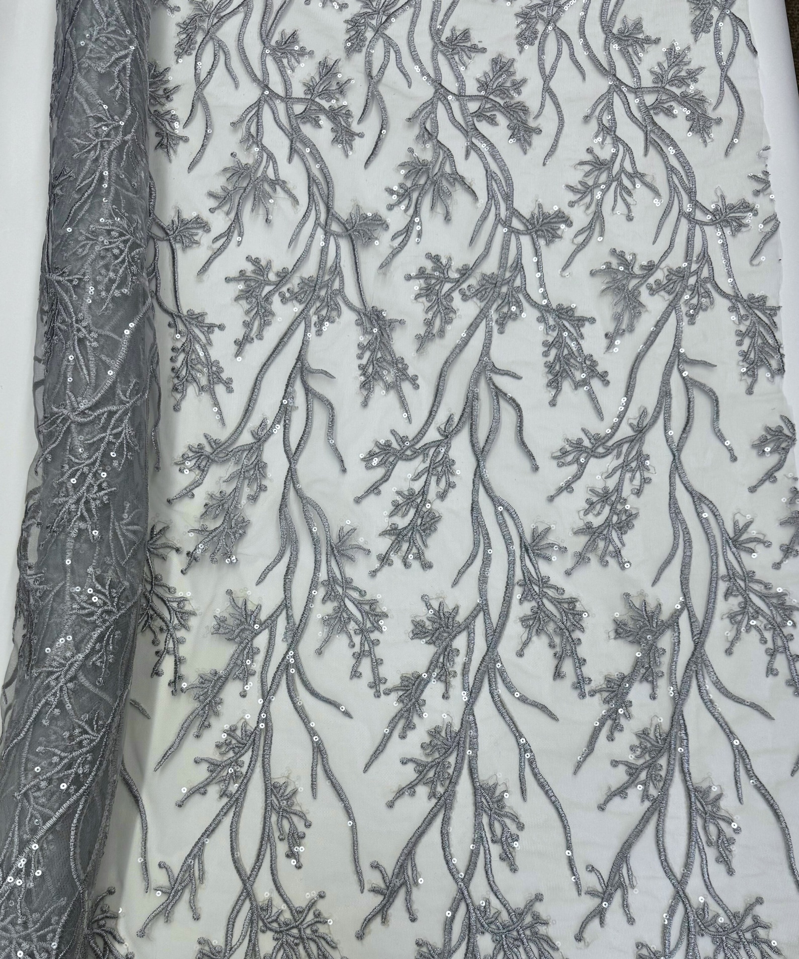 Silver Gray Lace Fabric, Silver Embroidery on Lace, Floral Embroidered ...